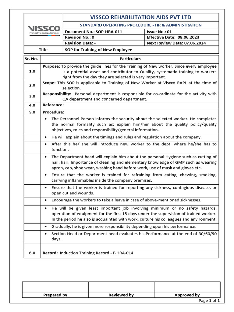P11 SOP for Training of New Employee | PDF | Safety