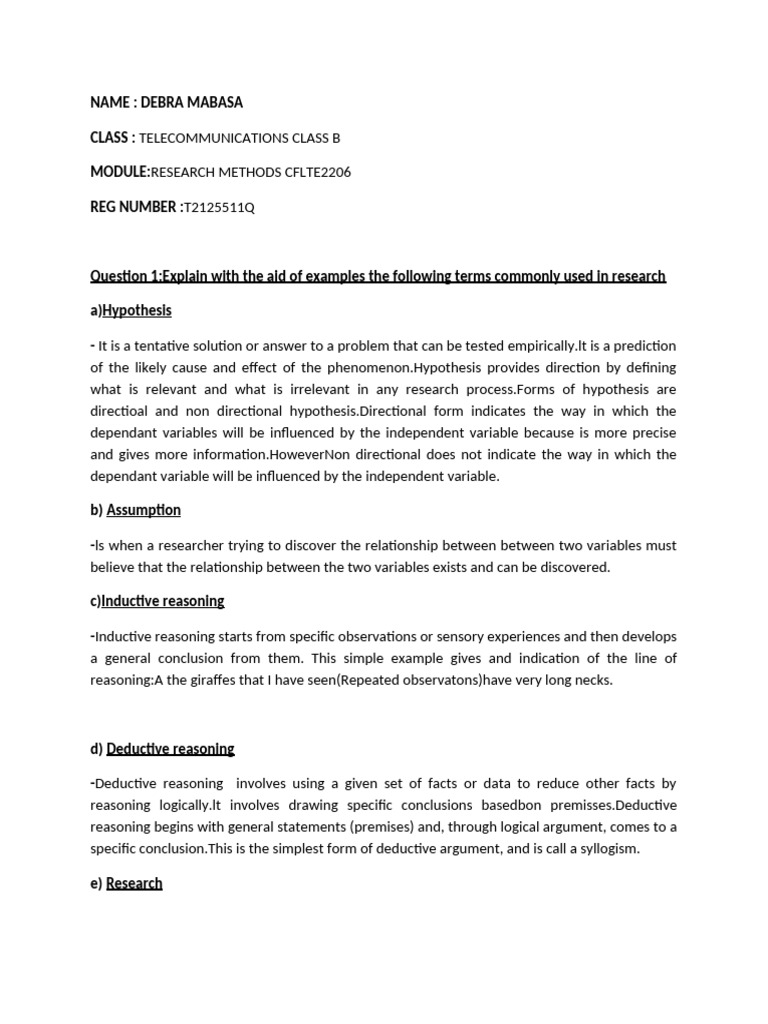 Debra Mabasa Research Assignment | PDF | Methodology | Deductive Reasoning