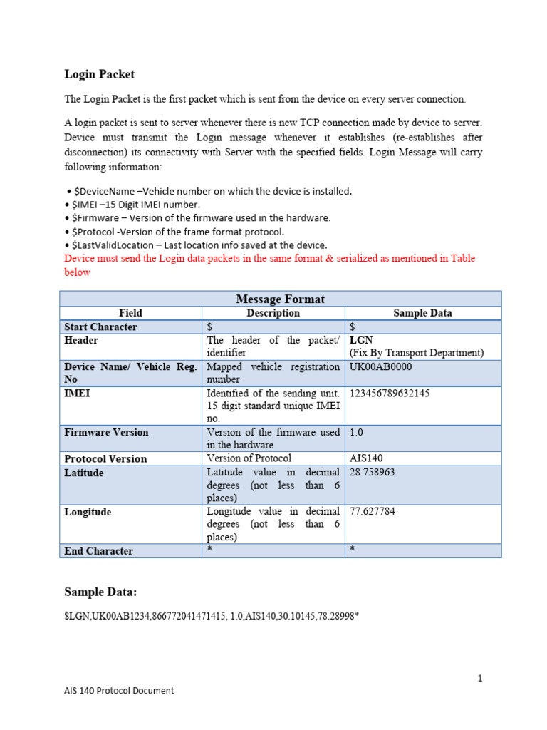 AIS 140 Protocol Login and PVT Packets | PDF | Network Packet | Global ...