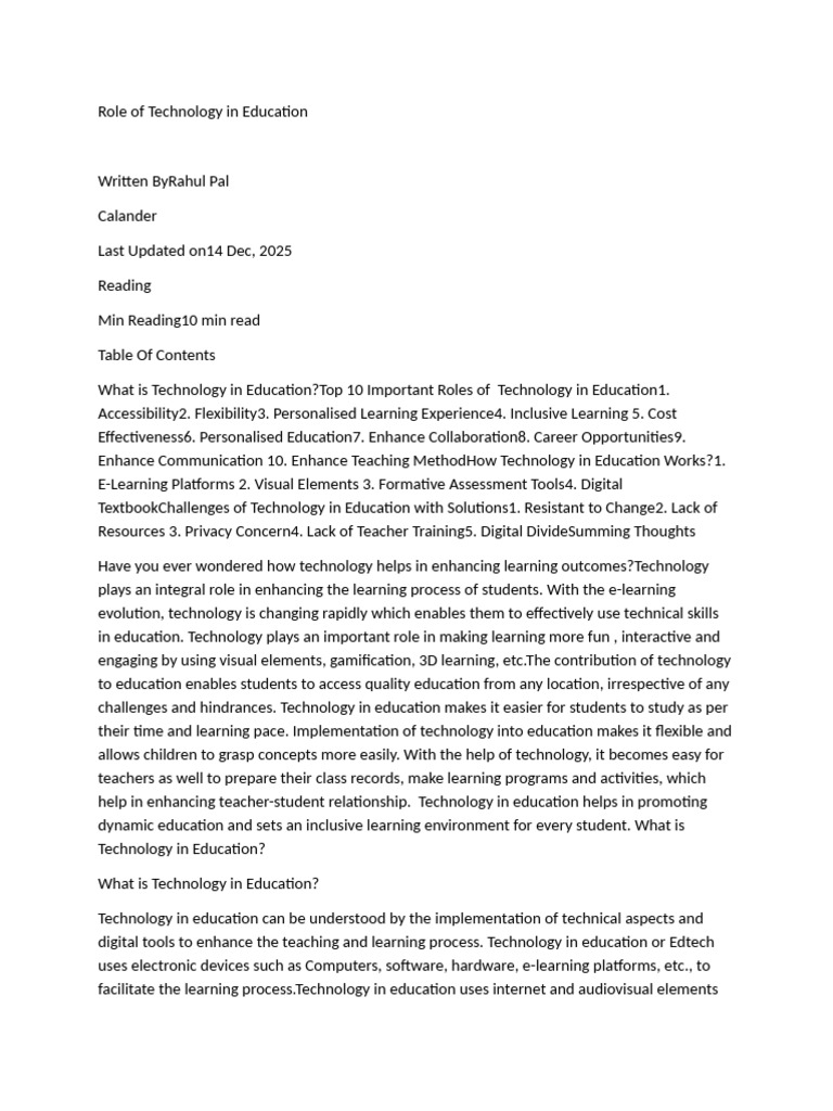Role of Technology in Education | PDF | Educational Technology ...
