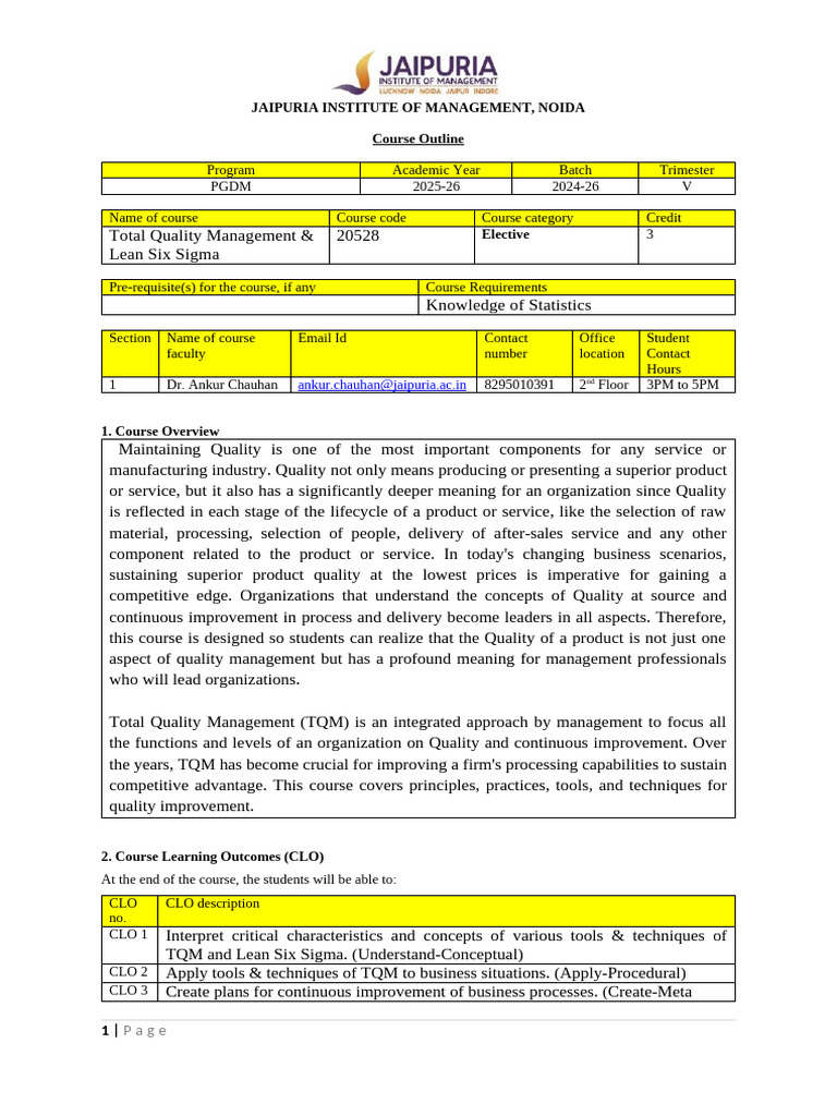 TQM Course Outline (AY 2025-26) | PDF | Artificial Intelligence ...