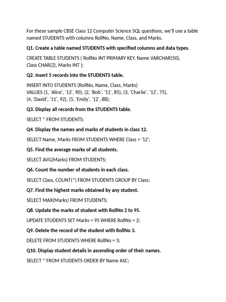 G12 CS SQL Questions Level1 | PDF