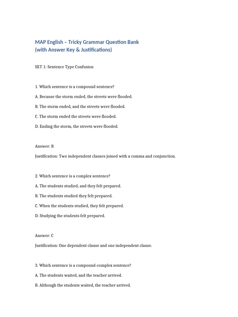 MAP Tricky Grammar Question Bank | PDF | Syntax | Language Mechanics