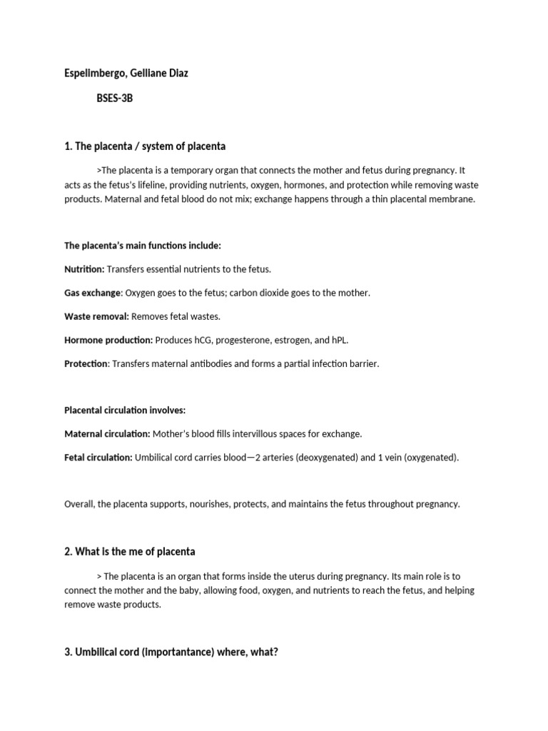 Functions of the Placenta and Reproductive Processes | PDF | Placenta ...