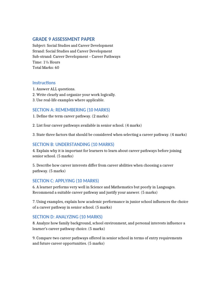 Grade 9 Career Pathways Assessment Guide | PDF | Learning | Educational ...