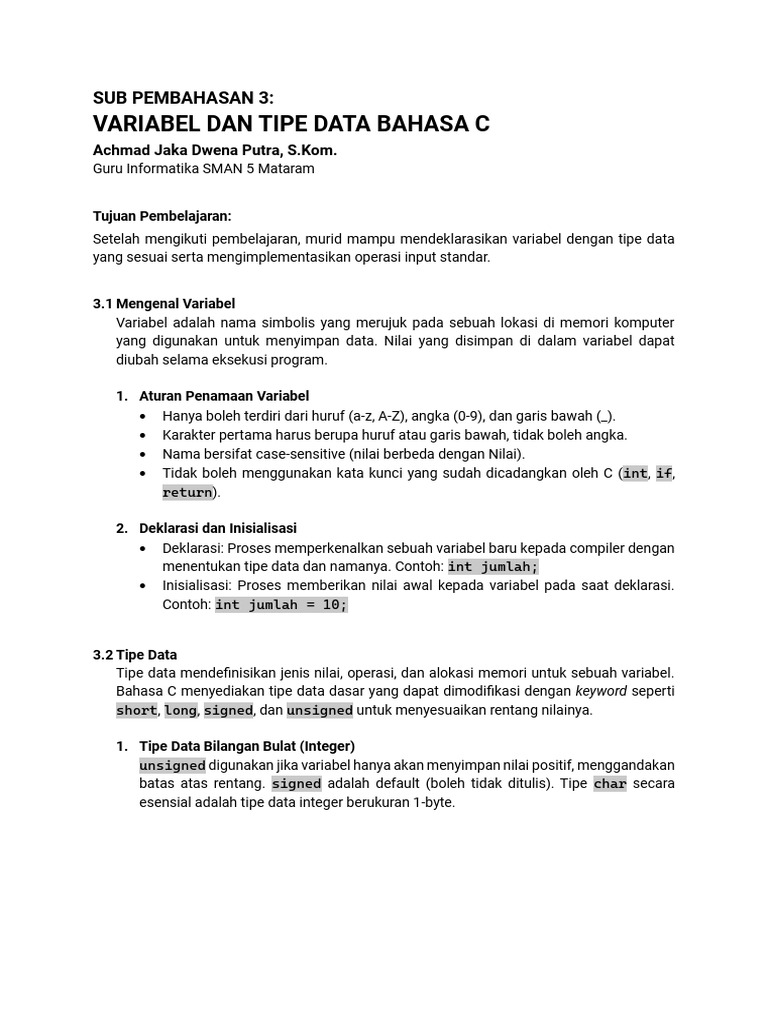 Variabel dan Tipe Data dalam C | PDF