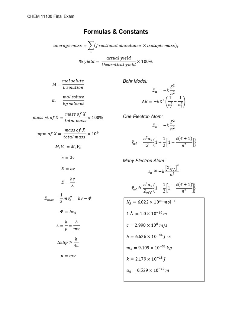 Final Exam Provided Equations & Constants | PDF | Physics | Physical ...