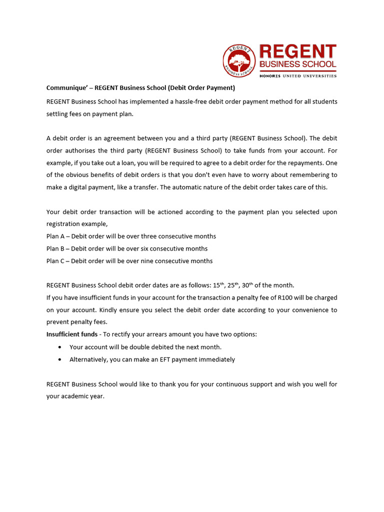 REGENT Business School Debit Order Guide | PDF