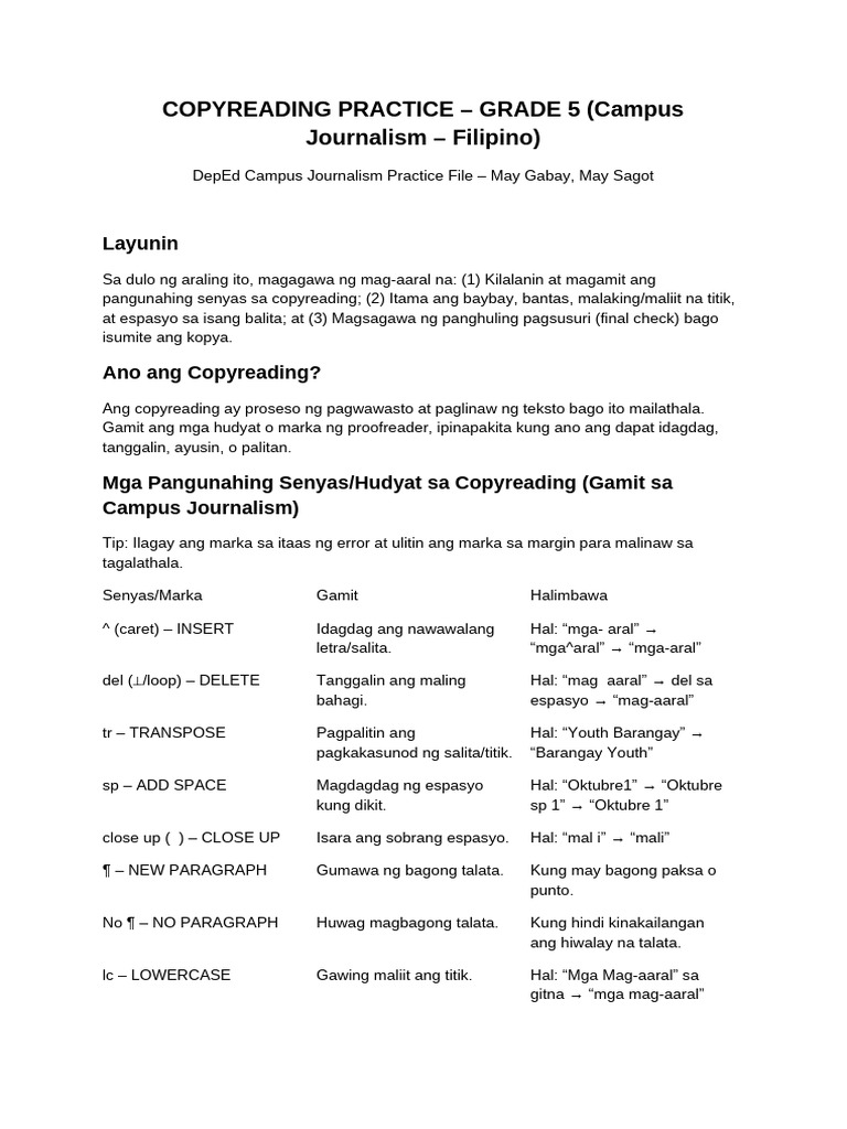 Copyreading Practice Grade5 Filipino | PDF