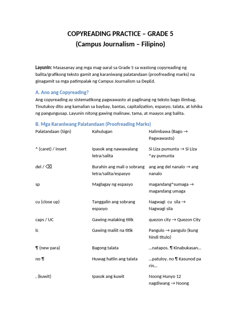 Copyreading Practice Grade5 Filipino DepEd | PDF