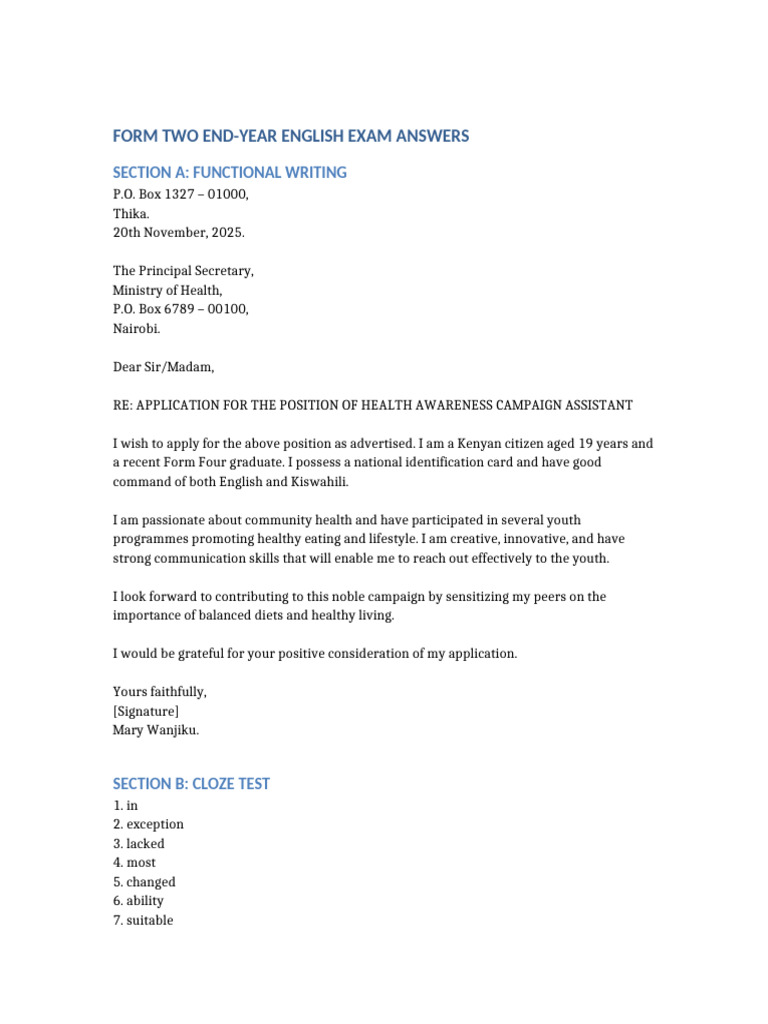 Form Two End Year English Exam Answers | PDF