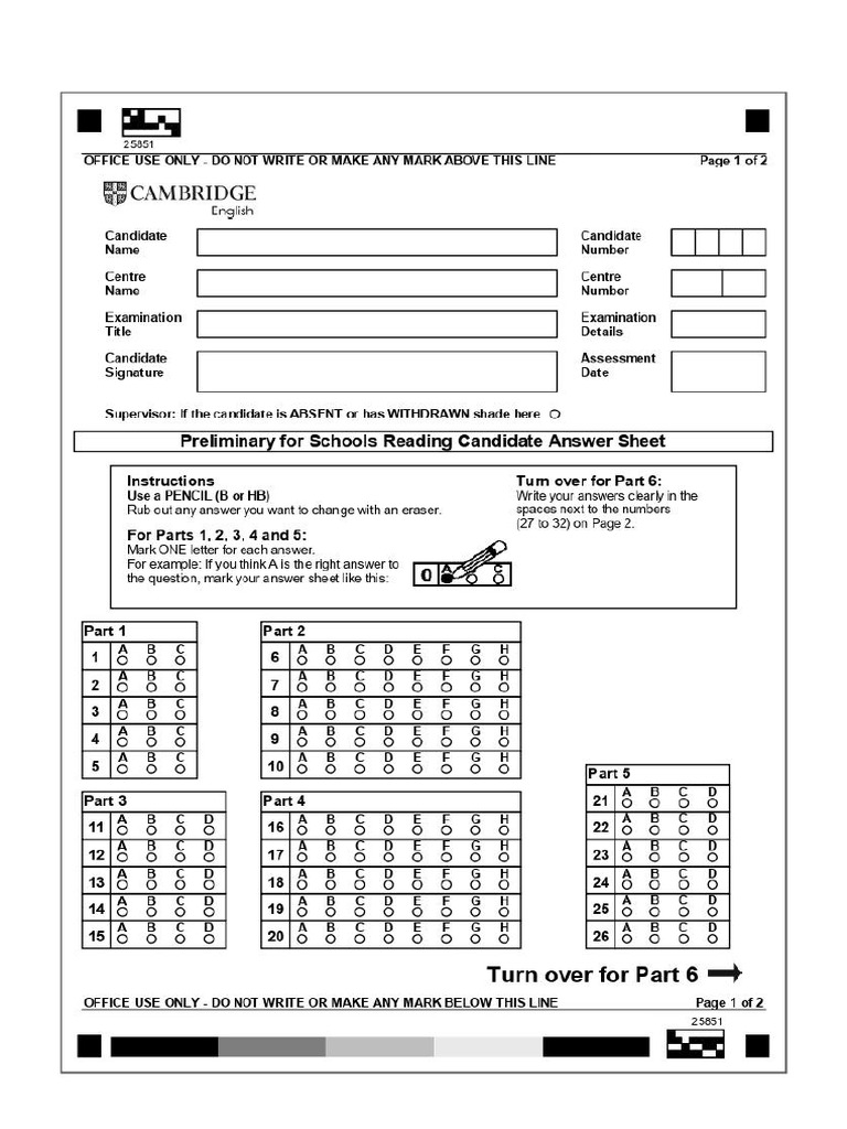 B1 PET Answer Sheet - Reading, Writing and Listening | PDF