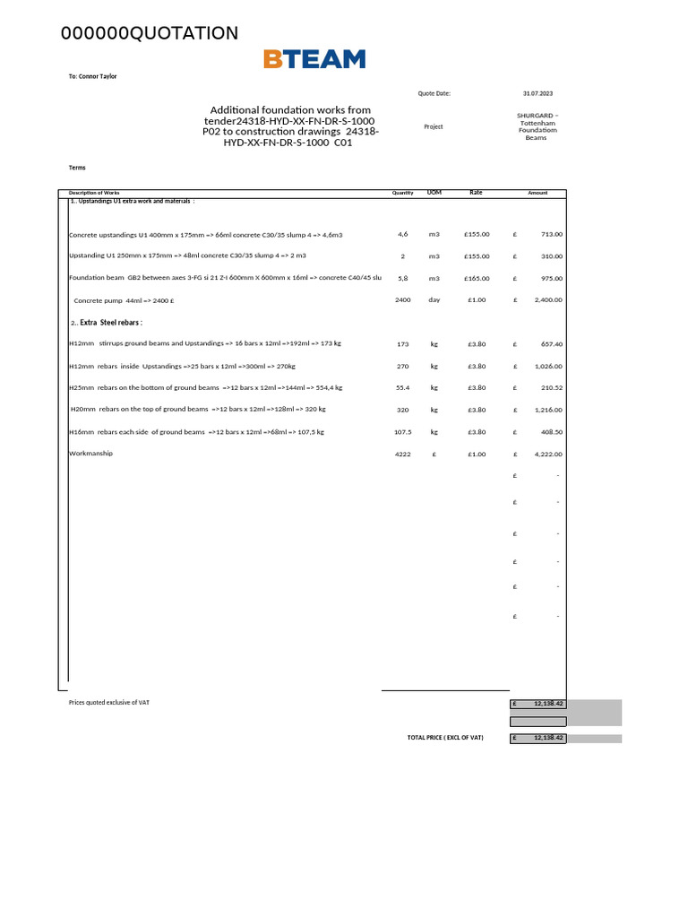 Quotation for Foundation Works and Materials | PDF | Materials | Steel
