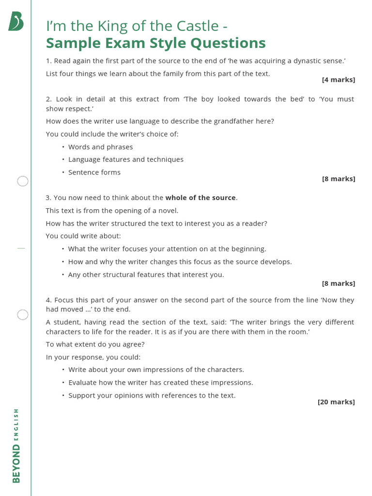 I’m the King of the Castle-Sample Exam Style Questions | PDF