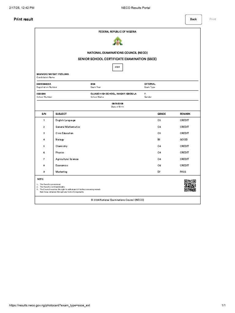 NECO Results Portal 2 | PDF | Student Assessment And Evaluation ...