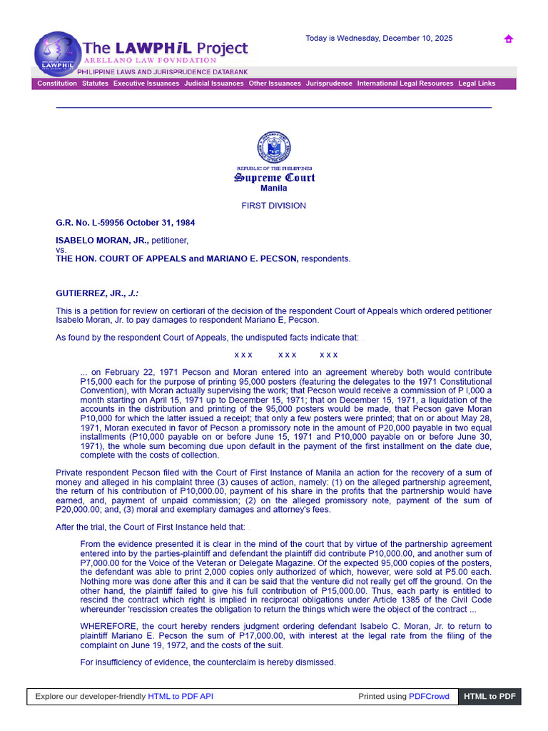 Moran v. Court of Appeals | PDF | Partnership | Damages