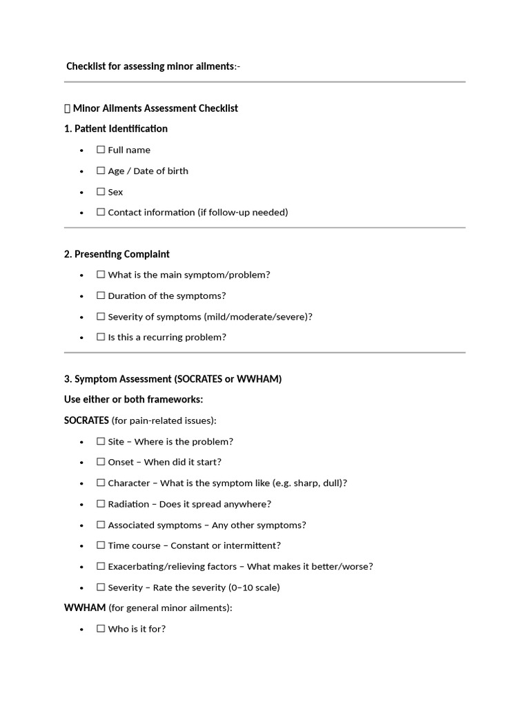 Minor Ailments Assessment Checklist | PDF | Glaucoma | Human Nose