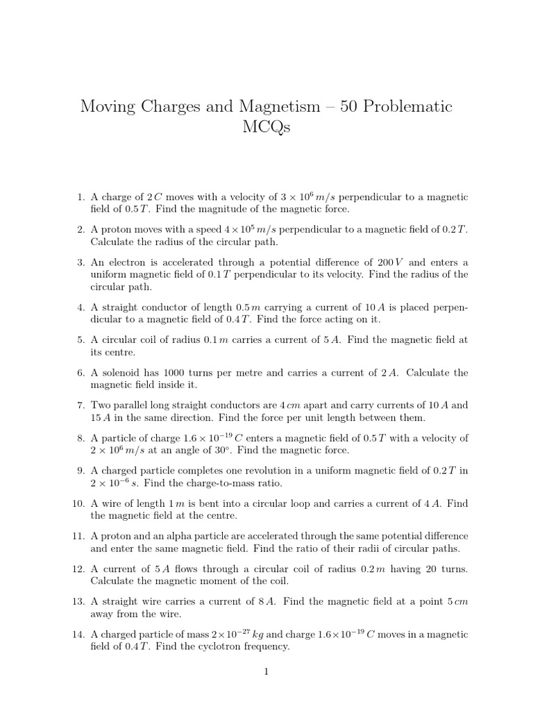 50 MCQs on Moving Charges & Magnetism | PDF | Magnetic Field | Electric ...
