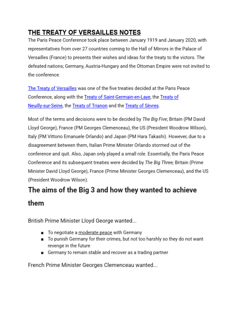 The Treaty of Versailles Notes | PDF | Treaty Of Versailles | World War ...