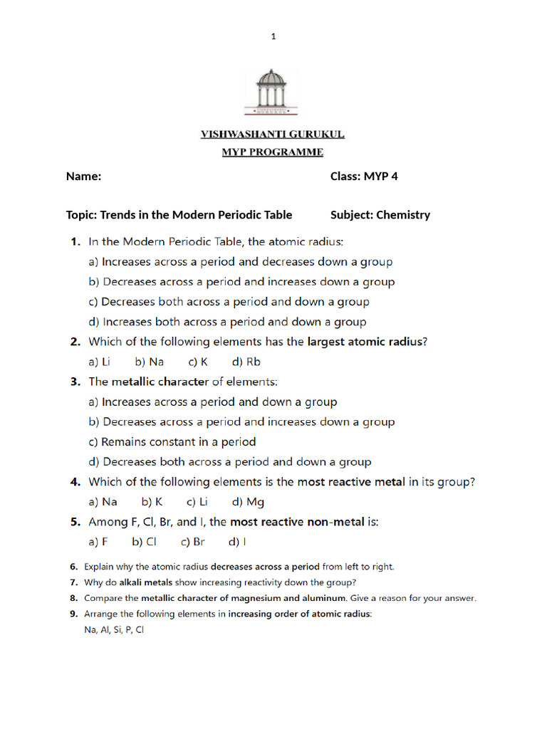 MYP 4 Trends in Modern Periodic Table | PDF