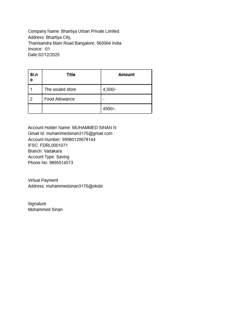 Invoice for Bhartiya Urban Pvt Ltd | PDF