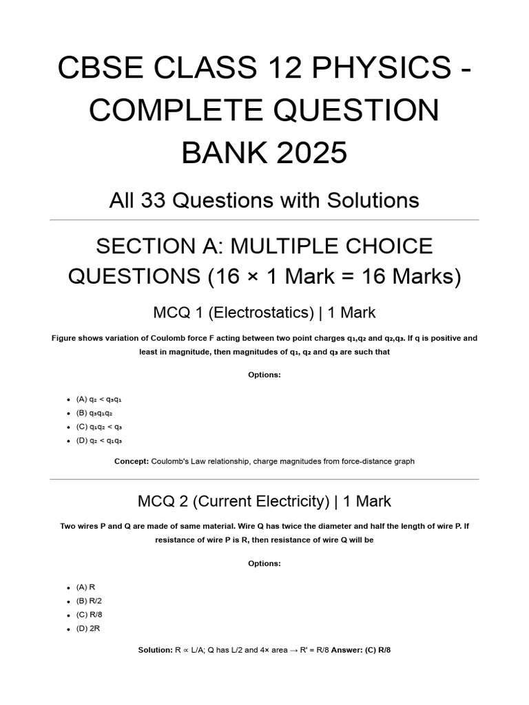 CBSE Physics Complete Question Bank | PDF | Photoelectric Effect ...
