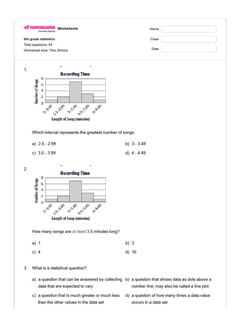 6th Grade Statistics Worksheets | PDF | Quartile | Descriptive Statistics