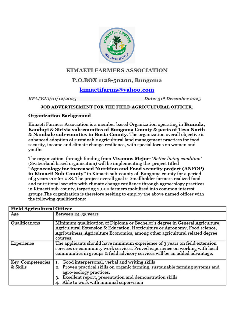 Field Agricultural Officer Job Vacancy | PDF | Agriculture | Agroecology