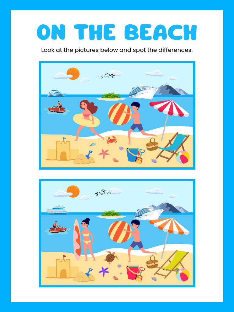 On the Beach Spot the Differences Worksheet in Blue White Illustrative ...