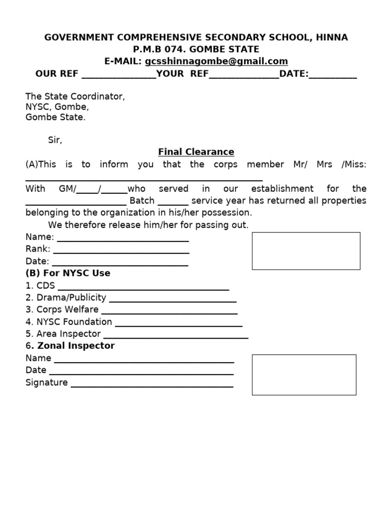 NYSC Final Clearance Certificate Template | PDF