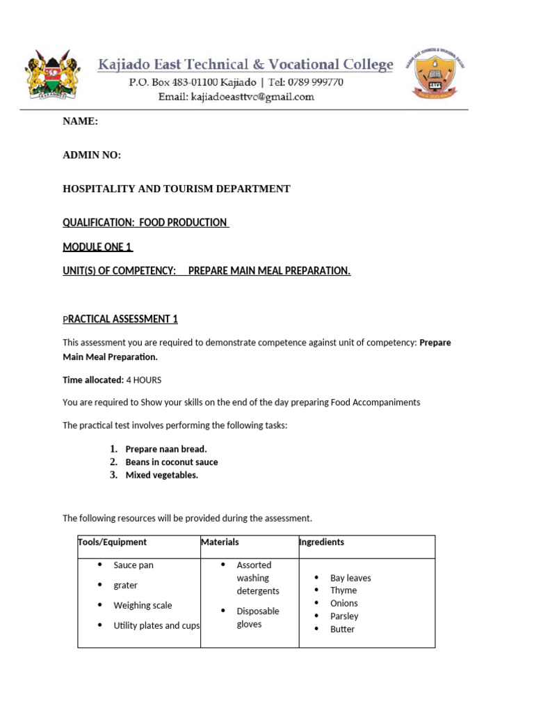 Food Production Practical Assessment Guide | PDF | Cooking | Vegetables