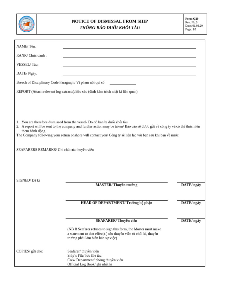 Form q29 - Notice of Dismissal From Ship | PDF