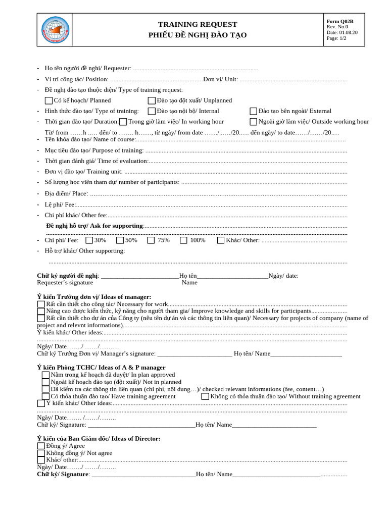 Form Q02B - Phieu de Nghi Dao T o | PDF
