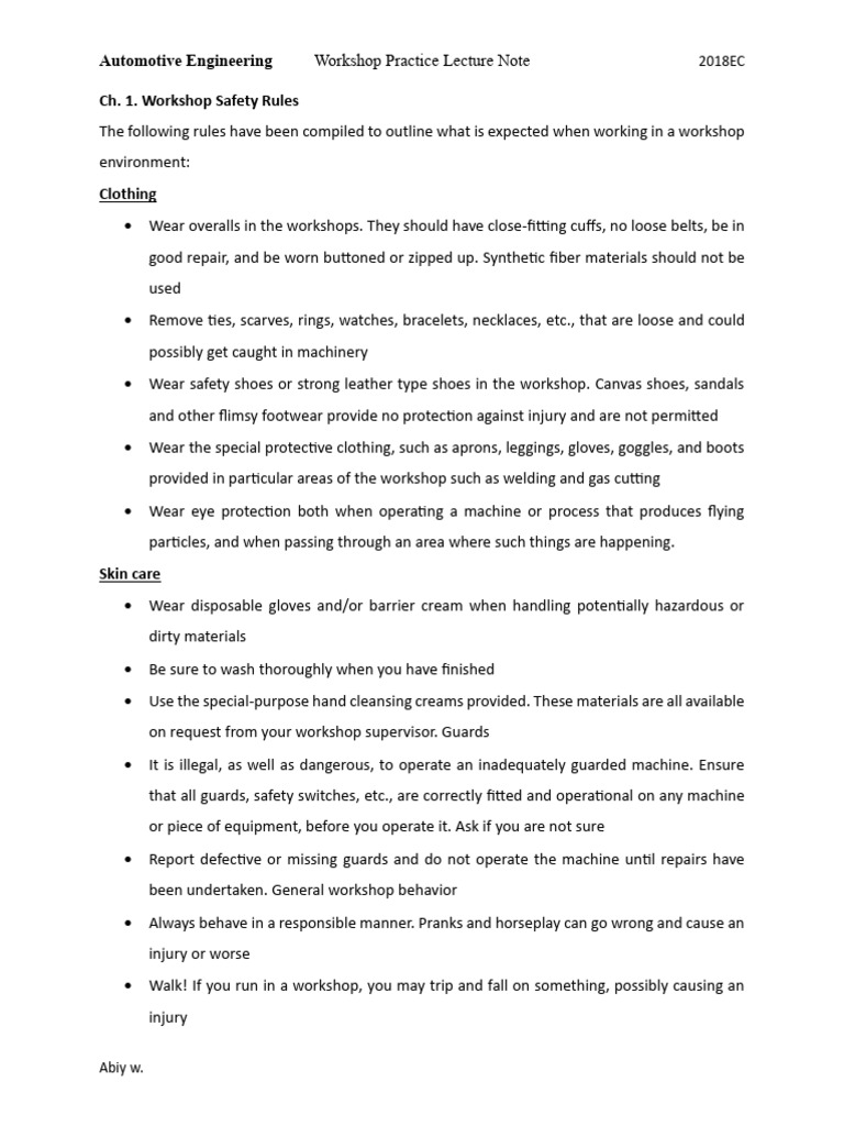 Ch.1, Workshop Safety,2018EC | PDF | Shoe | Firefighting