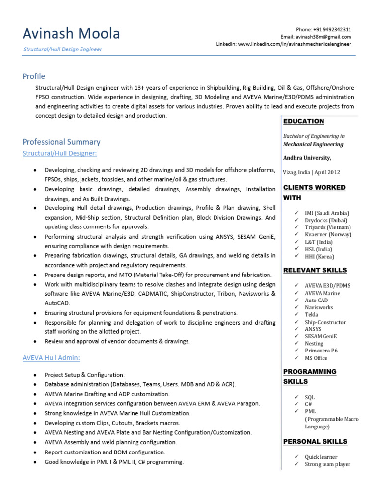 Avinash Moola Resume Hull Designer | PDF