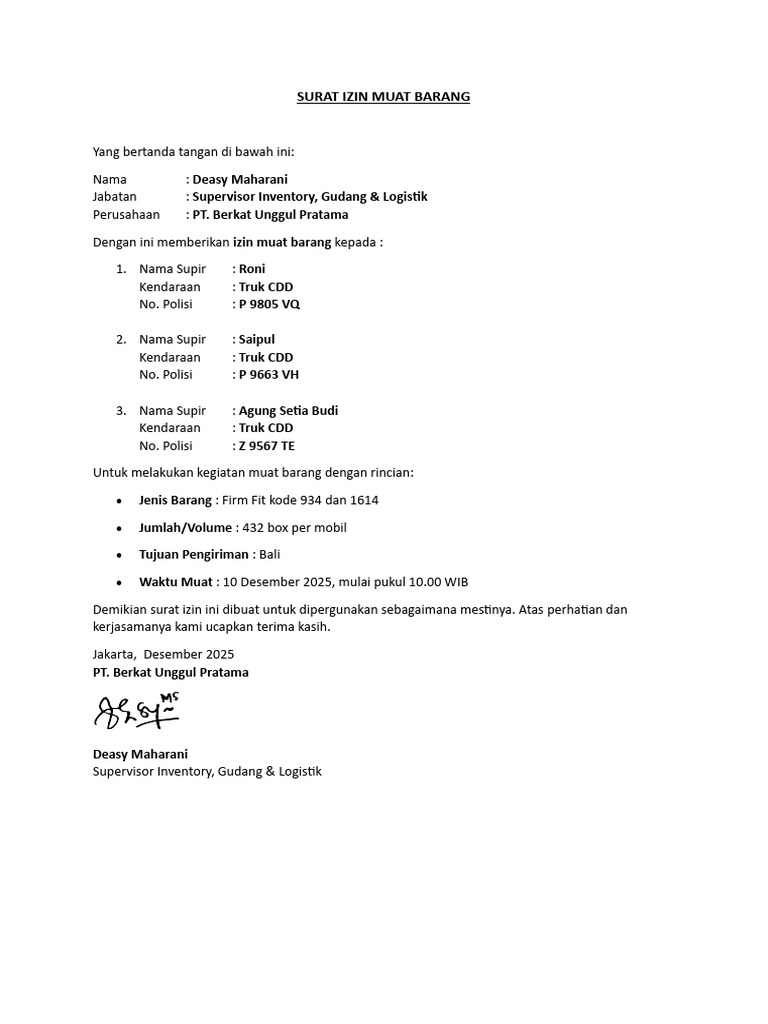 Surat Izin Muat Barang PT. Berkat Unggul | PDF