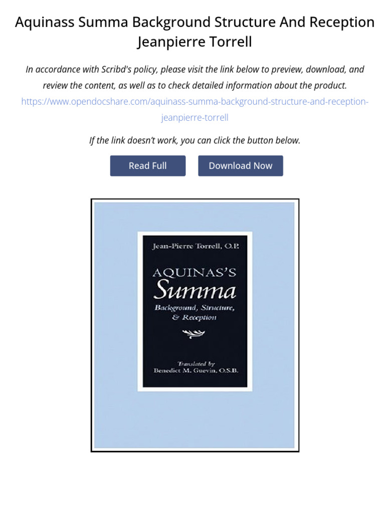 Aquinass Summa Background Structure And Reception Jeanpierre Torrell ...