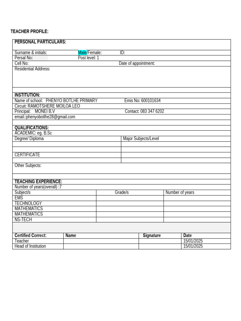 Teachers Profile Form 2025_095614 | PDF
