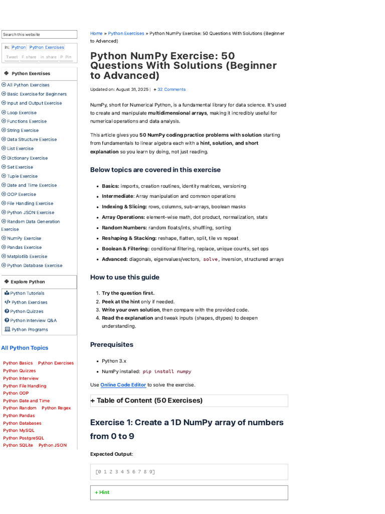 50 NumPy Exercises With Solutions (Beginner to Advanced) | PDF | Arithmetic Mean | Computer ...