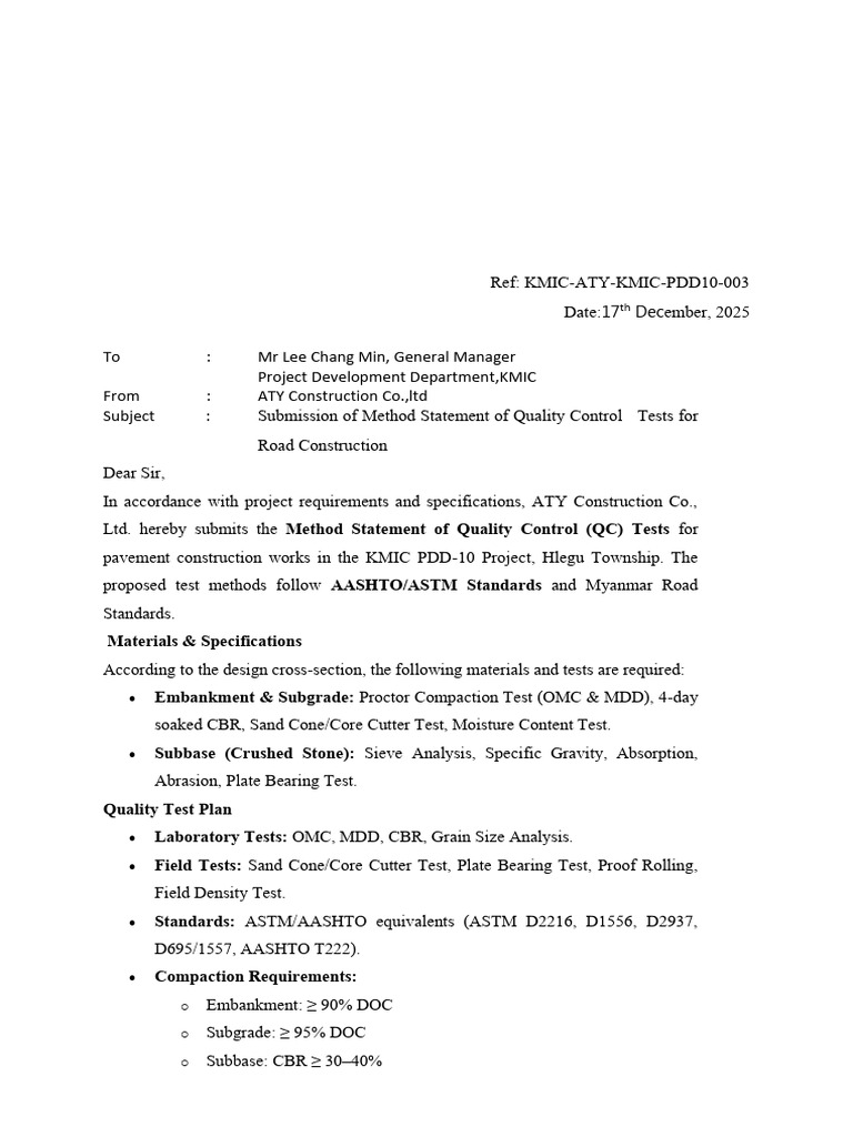Method of Statement for Road Construction Test | PDF