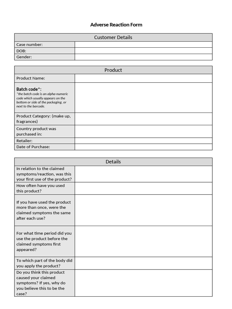 Adverse Reaction Form | PDF | Diseases And Disorders | Medical Specialties
