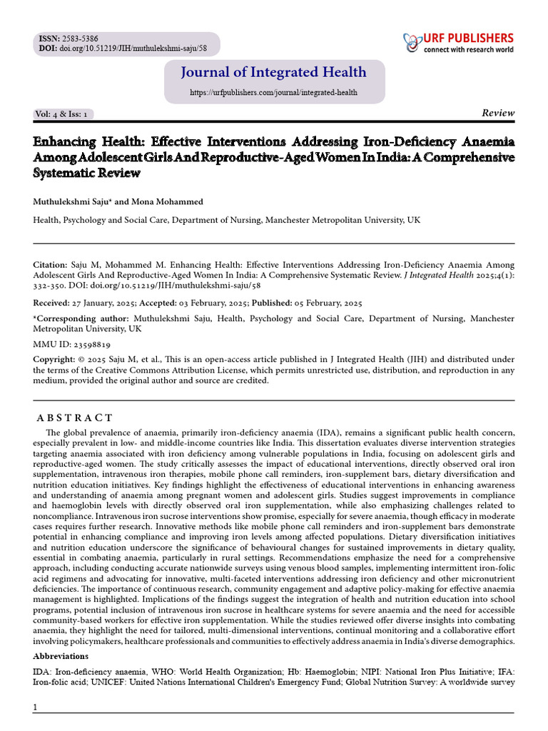 Journal of Integrated Health | PDF | Anemia | Systematic Review