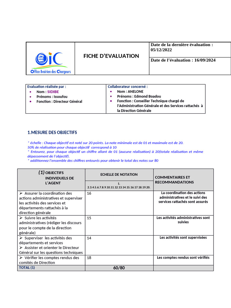 Évaluation de Performance d'Edmond Anelone | PDF