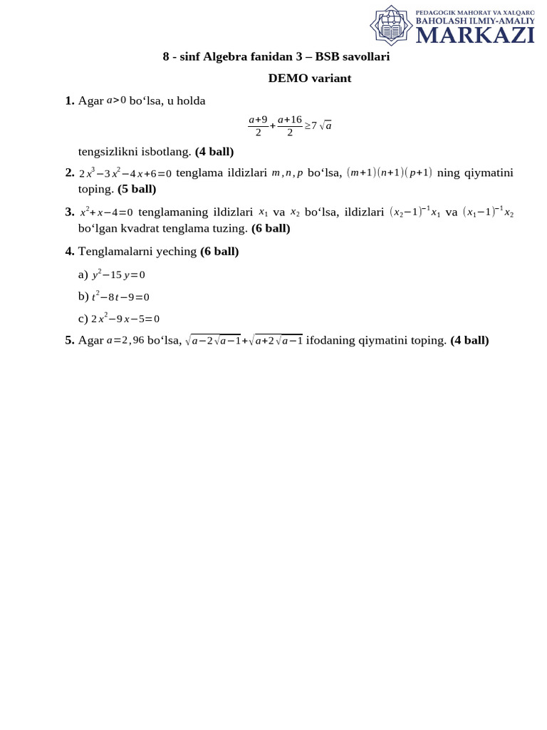 II Chorak 8 Sinf Algebra Ixtisos BSB-3 Demo | PDF