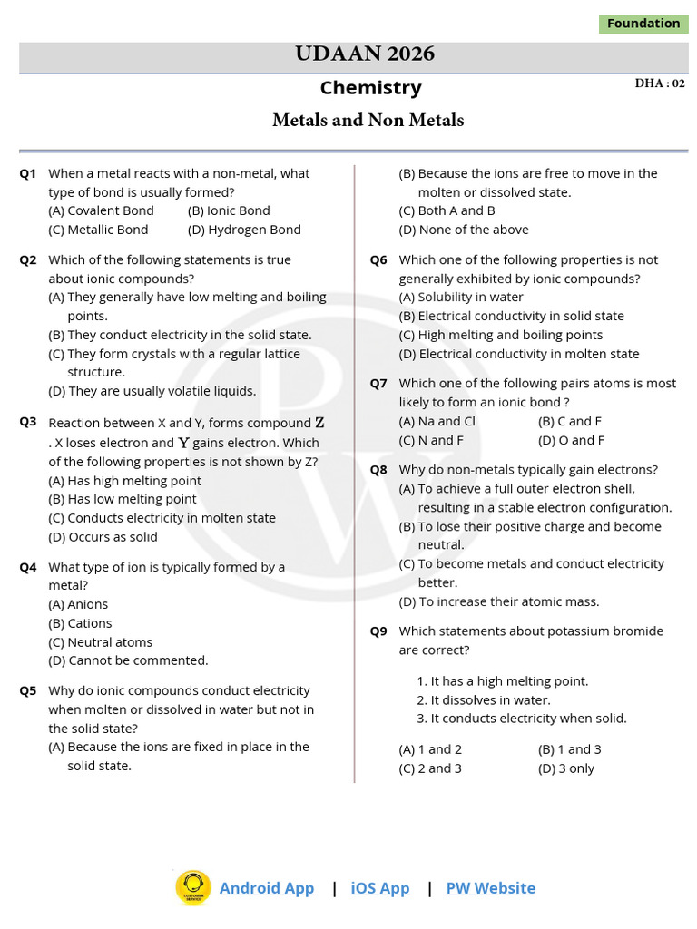 Metals and Non Metals DHA 02 | PDF | Ionic Bonding | Ion