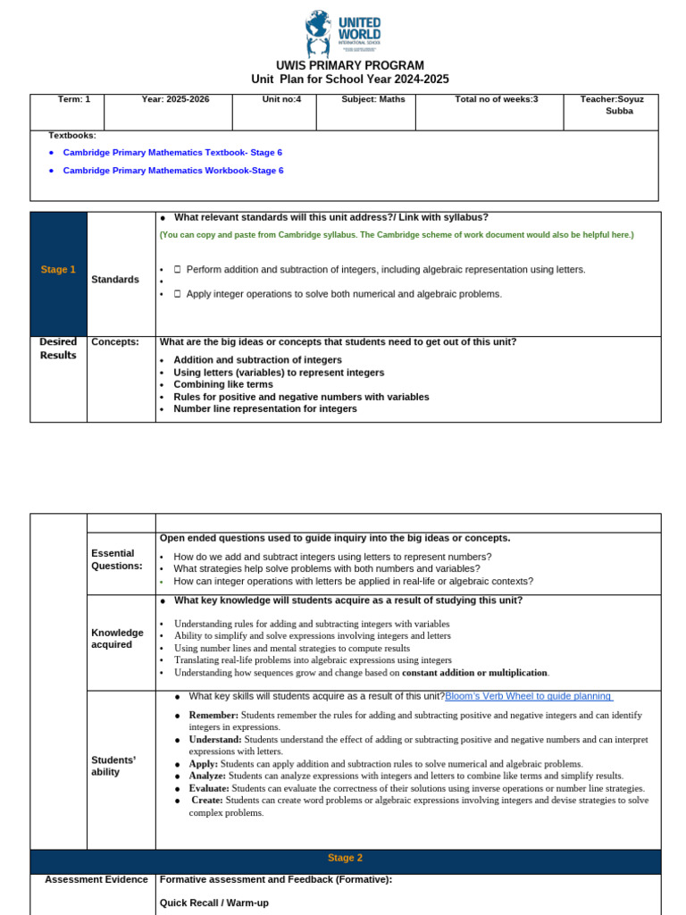Maths Unit Plan: Integers & Data Analysis | PDF | Educational ...