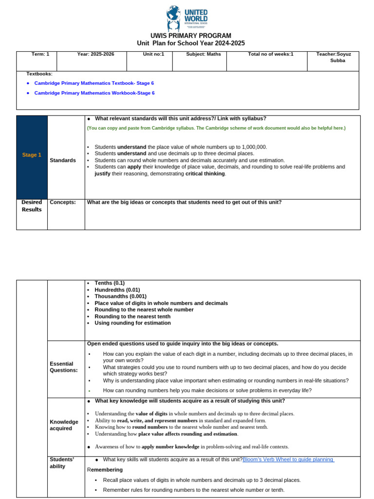 Lesson Plan 2025-2026 - Unit 1 Stage6 (Maths) | PDF | Educational ...