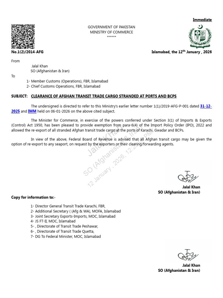 Afghan Transit Cargo Re-export Policy | PDF | Tajikistan