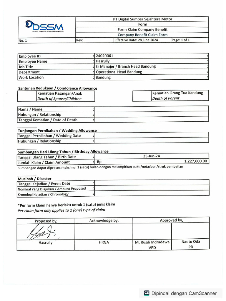 Form Klaim Benefit Birthday Allowance Hasrully | PDF