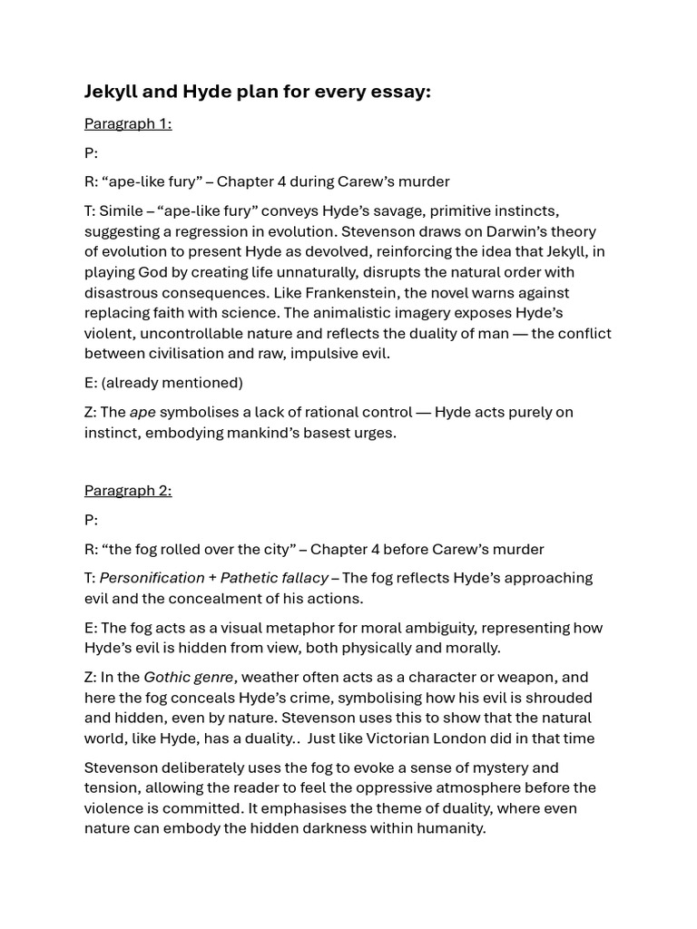 Jekyll and Hyde plan for every essay | PDF | Strange Case Of Dr Jekyll ...